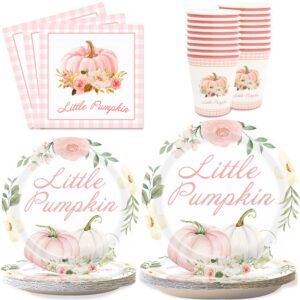 pumpkin party supplies tableware set - fall theme party decorations including plates, napkins and cups for pumpkin birthday and baby shower party, serves 24 guests (pink)