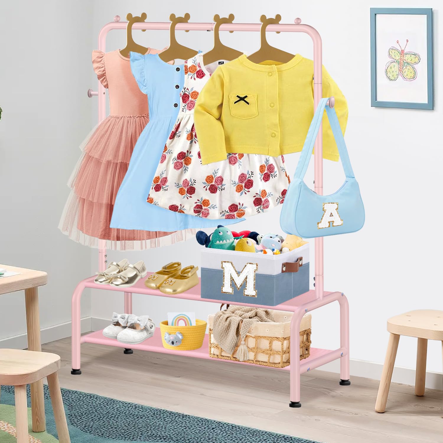 Kids Clothing Rack - Kids Dress Up Clothes Storage Racks - Dress Up Rack for Little Girls - Small Kids Costume Wardrobe Rack with 2 Fabric Floors Storage Shelf - Mini Short Kids Clothing Garment Rack