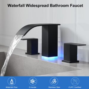 RUMOSE LED Bathroom Faucets Set Matte Black 8 inch Bathroom Sink Faucet 3 Hole with Pop Up Drain Widespread Lavatory Waterfall Vanity Faucet with 3 Colors Light Changing Stainless Steel Deck Mounted