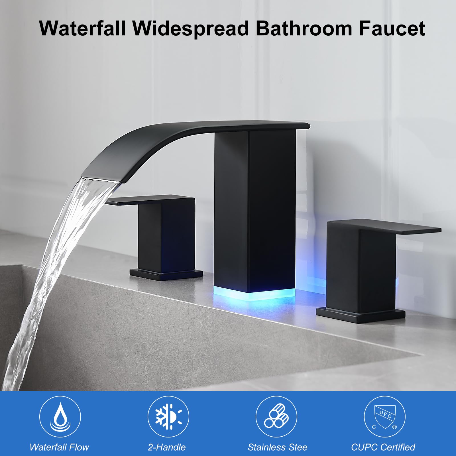 RUMOSE LED Bathroom Faucets Set Matte Black 8 inch Bathroom Sink Faucet 3 Hole with Pop Up Drain Widespread Lavatory Waterfall Vanity Faucet with 3 Colors Light Changing Stainless Steel Deck Mounted