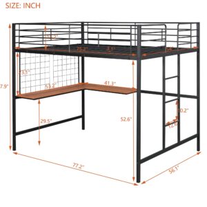 Black Full Loft Bed with Desk & Metal Grid, Metal Loft Bed Full Size with Safety Guardrails and Ladders, High Loft Bed Frame for Teens, Adults, No Box Spring Needed