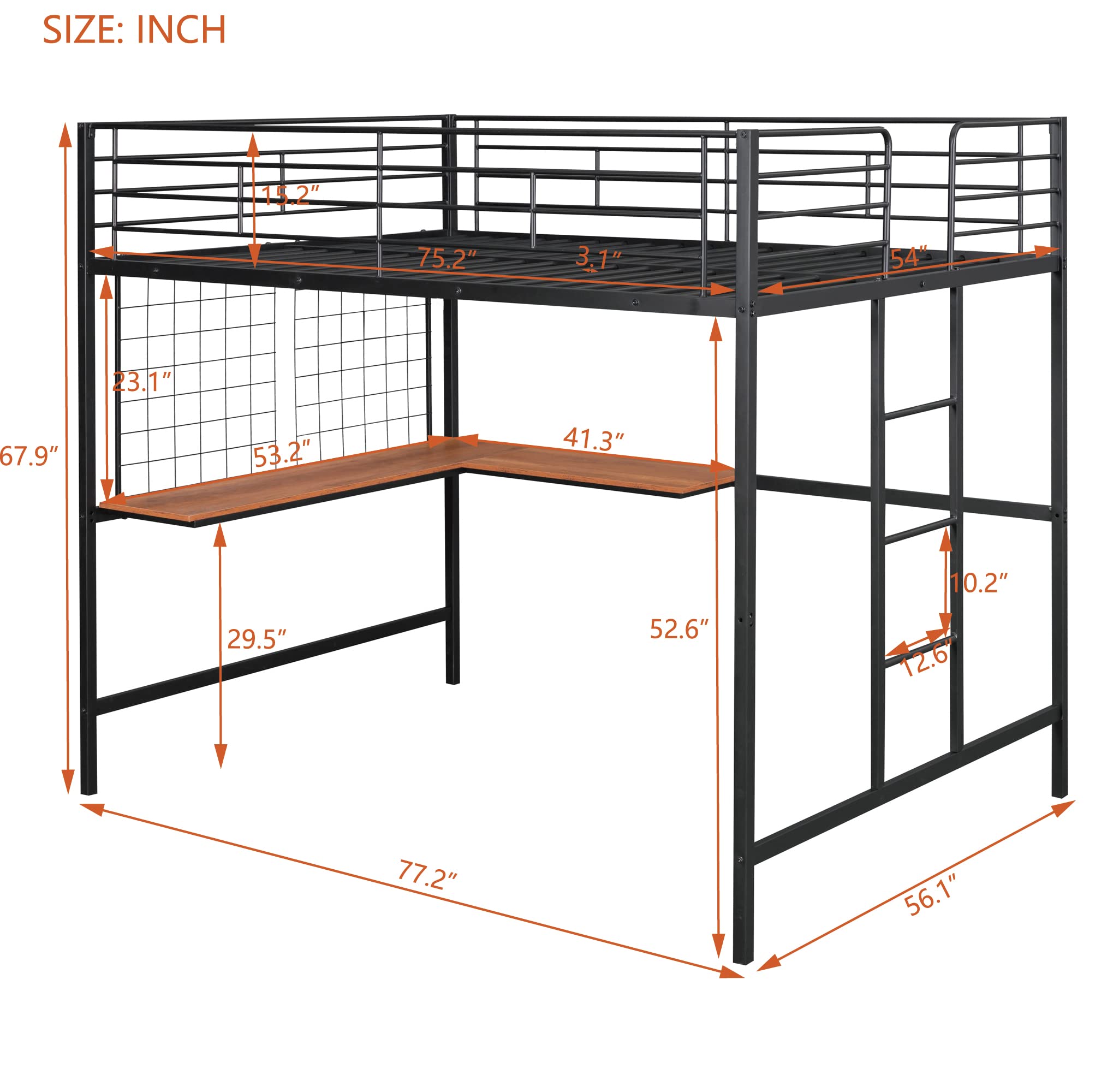 Black Full Loft Bed with Desk & Metal Grid, Metal Loft Bed Full Size with Safety Guardrails and Ladders, High Loft Bed Frame for Teens, Adults, No Box Spring Needed