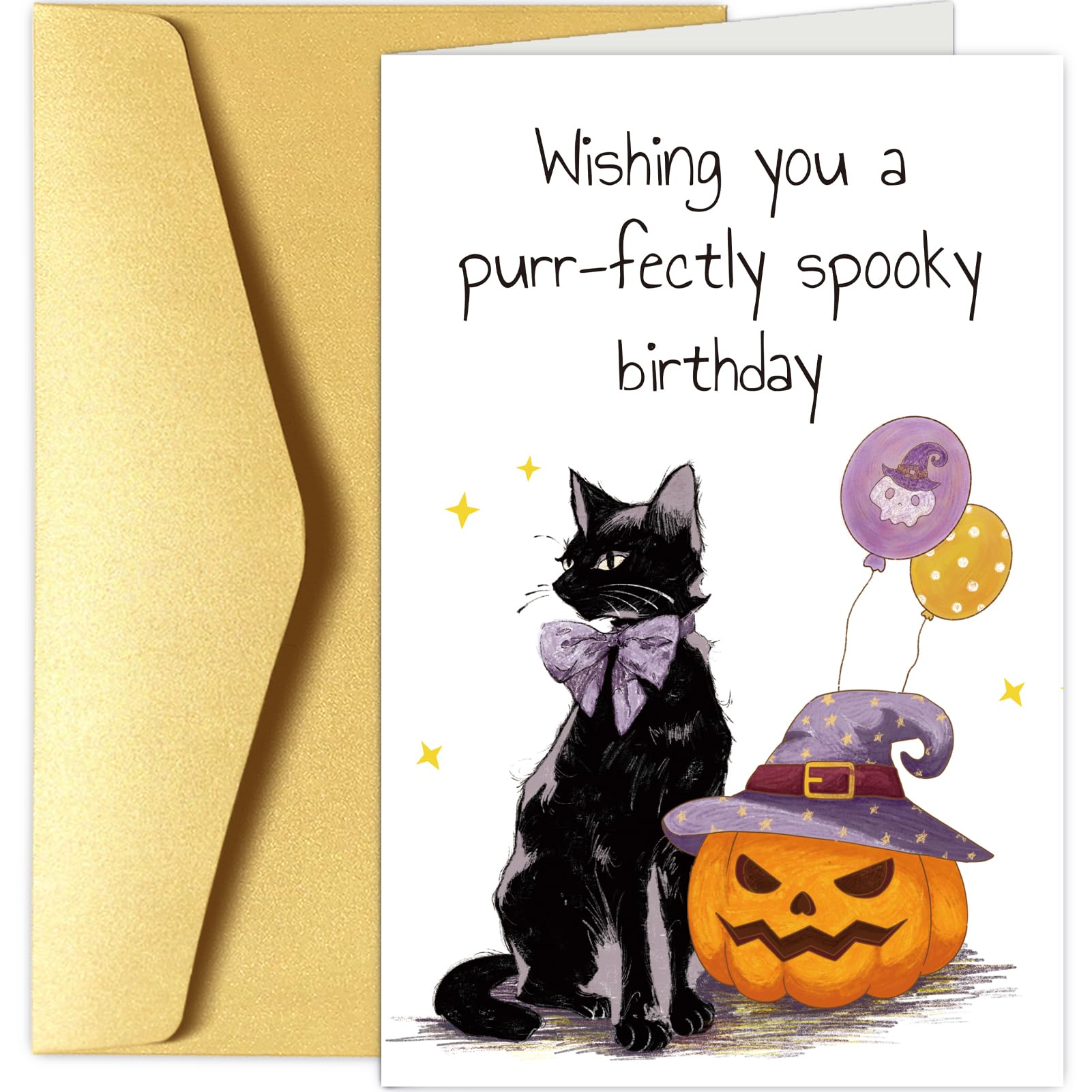 Chenive Creepy Black Cat Birthday Card, Funny Halloween Birthday Card for Him Her, October Birthday Card for Men Women, Wishing You A Purr-fectly Spooky Birthday Pun Card