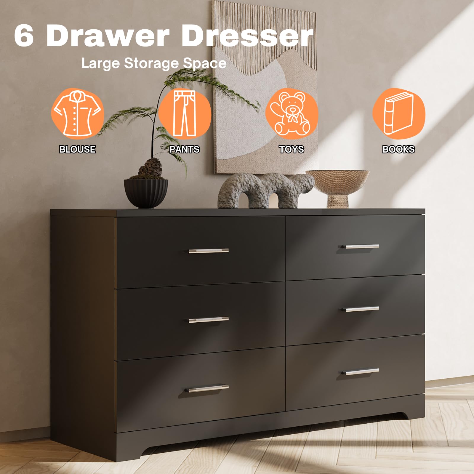 HOBBYZOO 6 Drawer Dresser for Bedroom, Black Bedroom Dresser with Deep Drawers, Wood Chest of Drawers with Storage, 55 Inch Dresser Bedroom Furniture, 47.2" x 15.7" x 27.6"