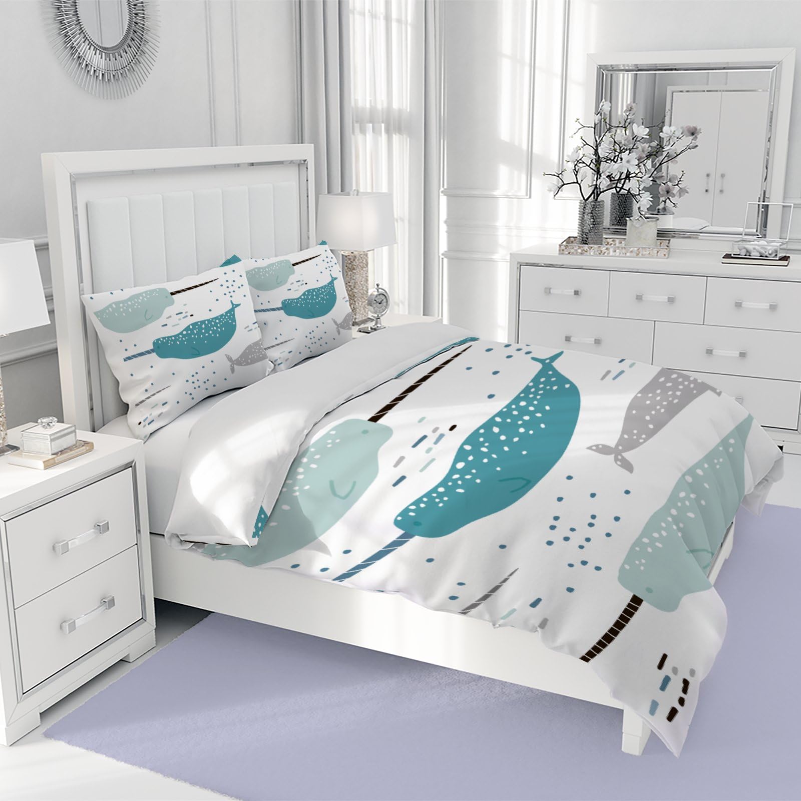 Duvet Cover Bedding Sets Twin Size - Marine Narwhals Duvet Cover Sets Soft Comforter Cover with 1 Duvet Cover and 2 Pillow Shams, Gifts for Girls Boys Teen (Without Comforter)