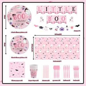 MEHOFOND Pink Halloween Baby Shower Decorations for Girl, Little Boo Disposable Dinnerware with Banner, Ghost Bat Pumpkin Baby Shower Plates and Napkins Set, Paper Plates Cups Party Supplies, Serve 24