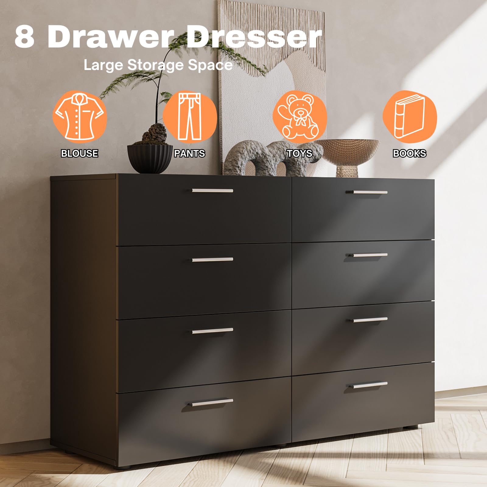 HOBBYZOO 8 Drawer Dresser for Bedroom, Black Bedroom Dresser with Deep Drawers, Wood Chest of Drawers with Storage, 55 Inch Large Dresser Bedroom Furniture, 47.2" x 15.7" x 31.5"