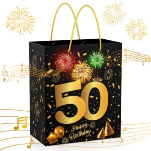 vanshinieer 50th birthday gift bag with fireworks light and music, large size black gold gift wrap bag with handles for 50th birthday party decorations supplies