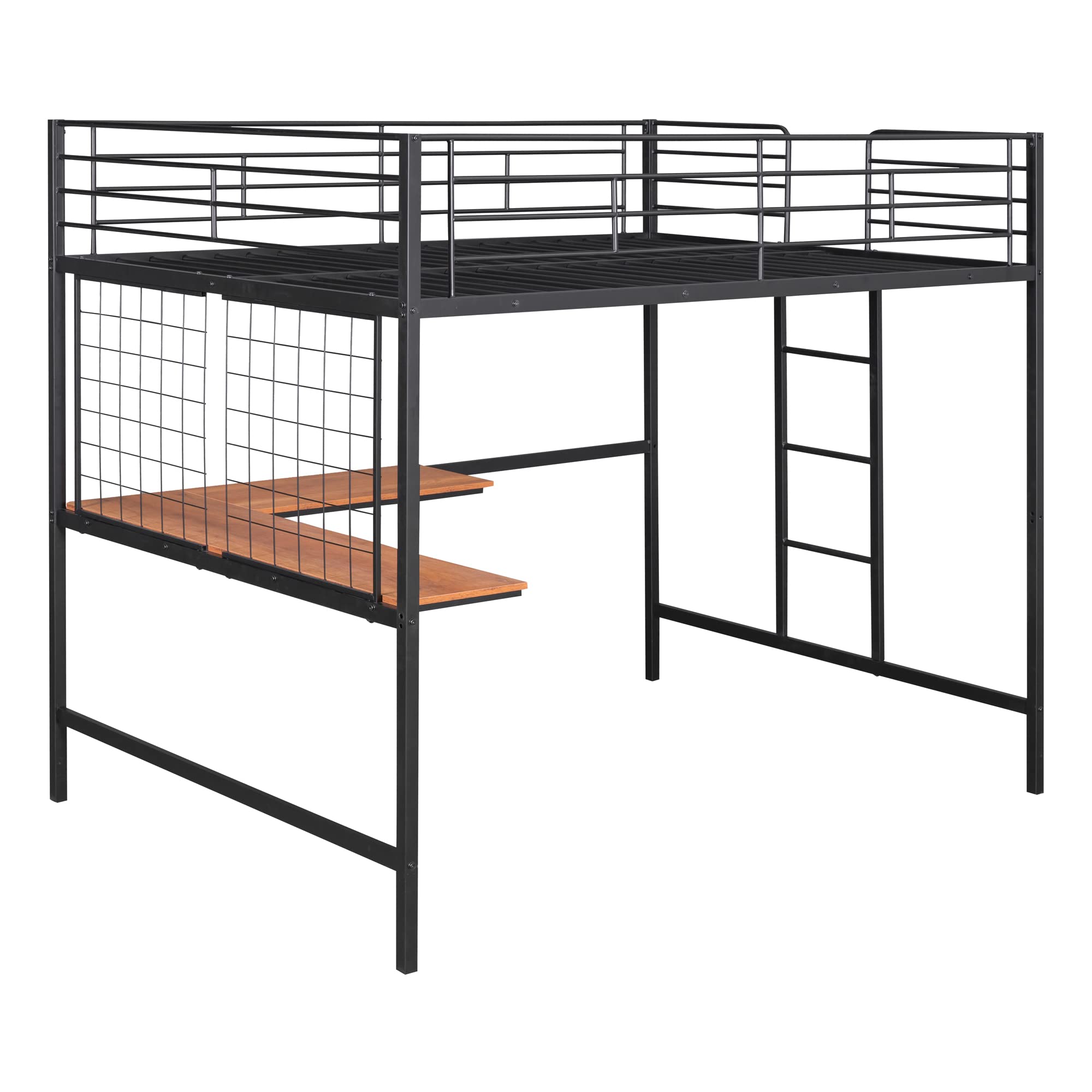 Black Full Loft Bed with Desk & Metal Grid, Metal Loft Bed Full Size with Safety Guardrails and Ladders, High Loft Bed Frame for Teens, Adults, No Box Spring Needed