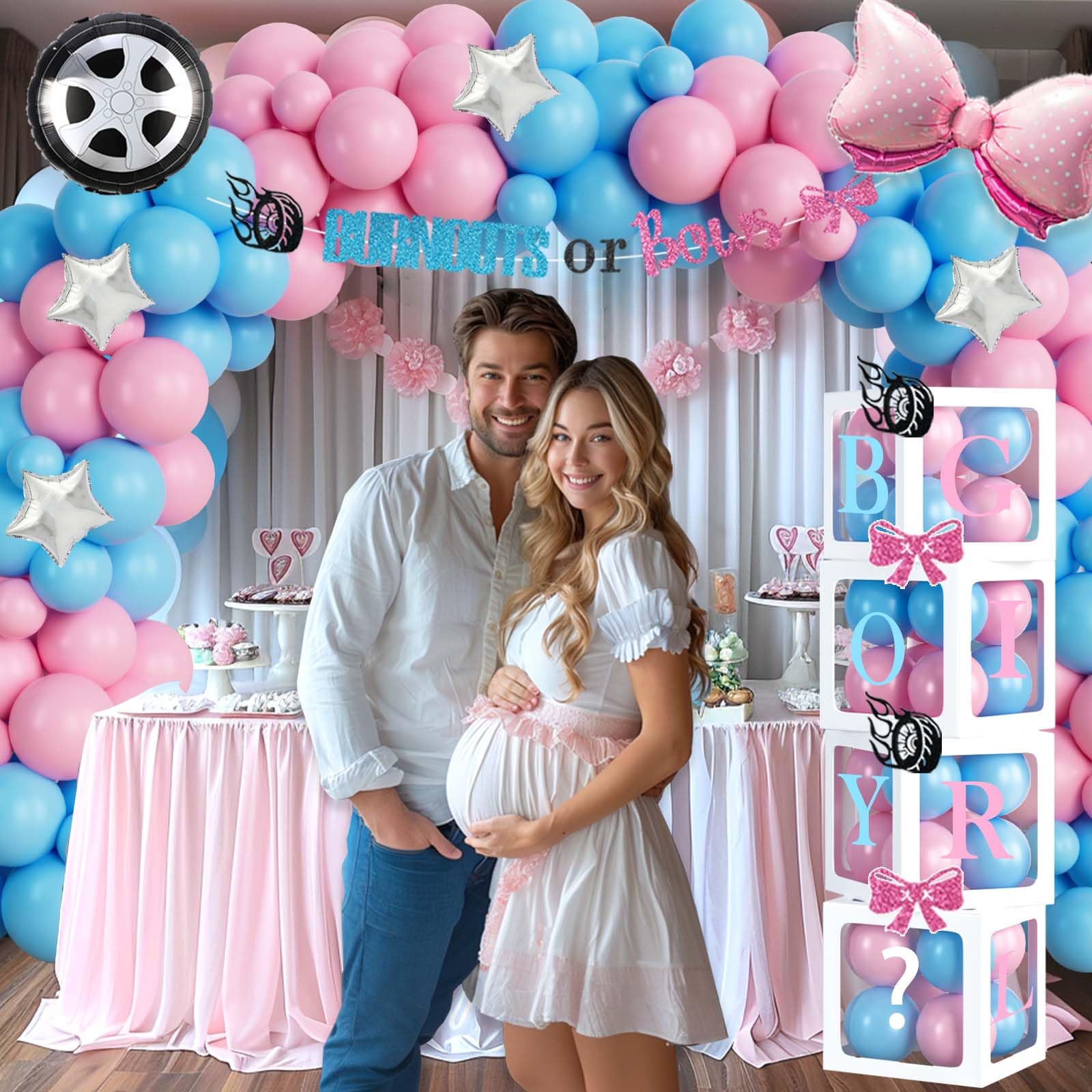 Fiesec Burnouts or Bows Gender Reveal Decorations, Baby Boy or Girl Gender Reveal Party Decorations, What Will the Baby Be Backdrop Balloon Banner Tablecloth Cake Cupcake Topper Box Sash Pink Blue