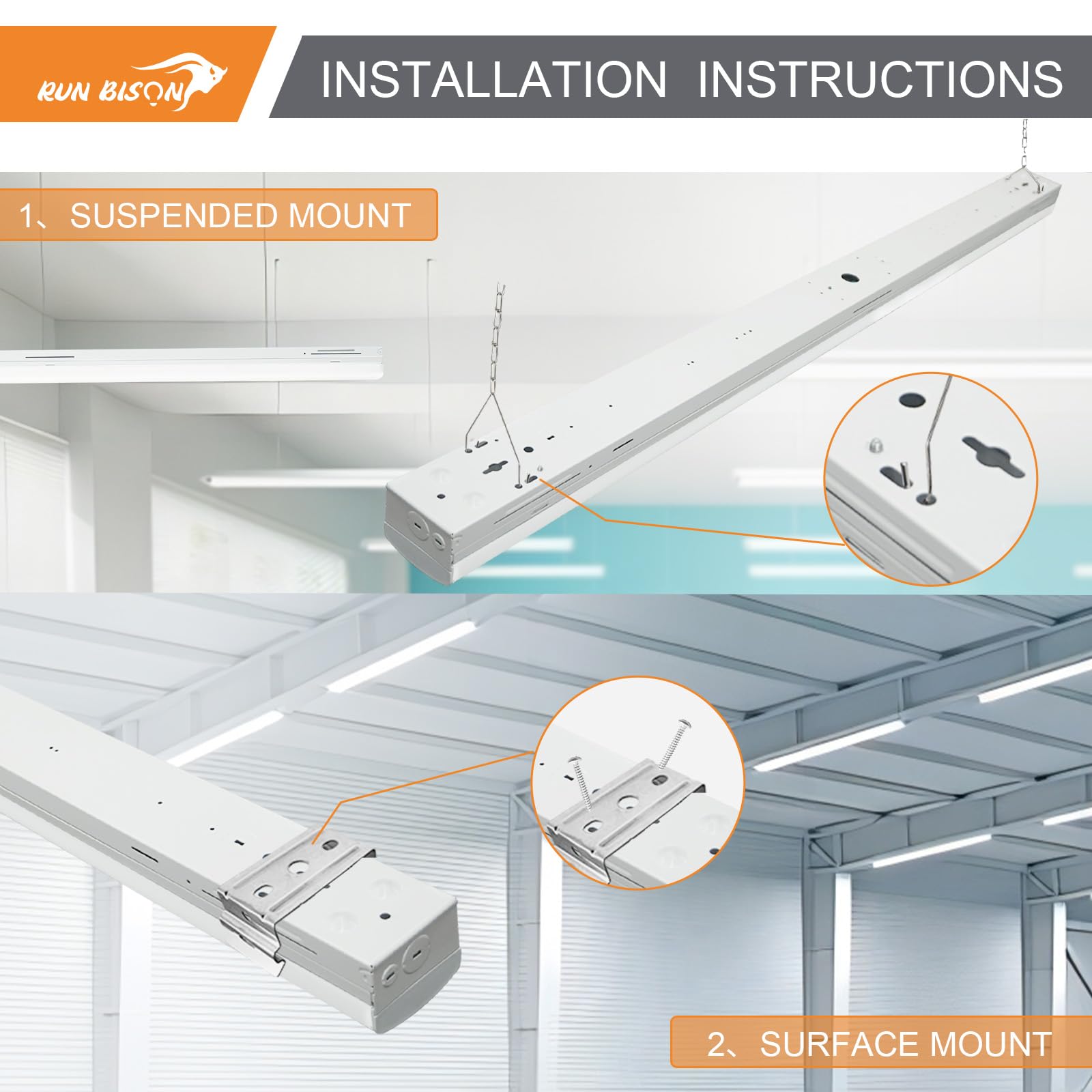 Run Bison 4FT LED Linear Strip Light, 120V-277V, 34/38/45W 4420/4940/5850LM, 3CCT Selectable, Flush Mount 0-10V Dimmable Commercial Grade LED Strip Light Fixture for Warehouse, UL Listed - 2PK