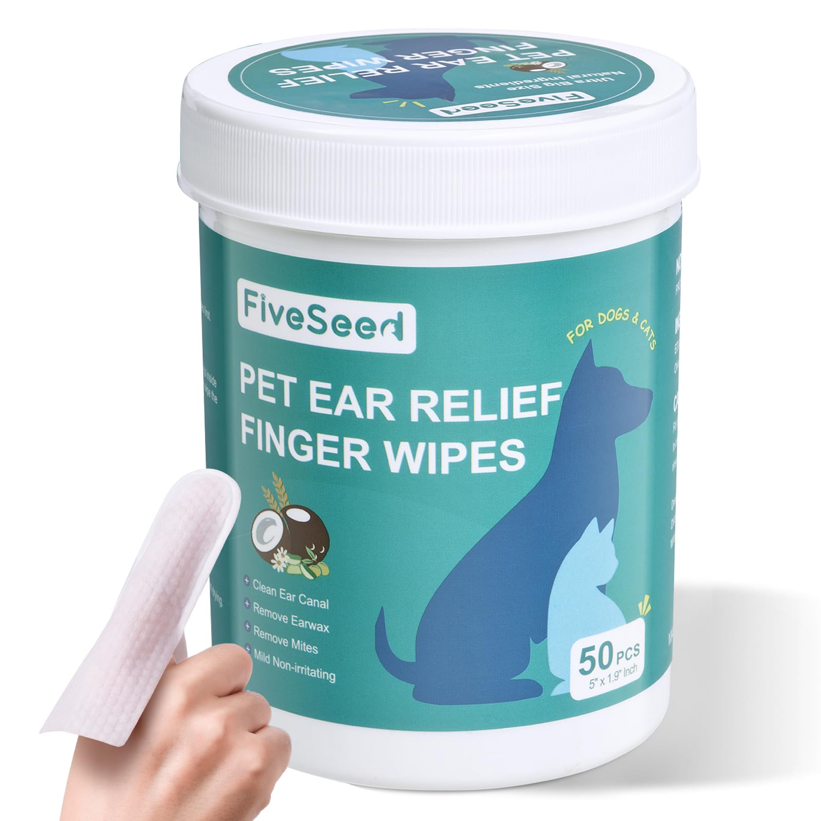 Extra-Large Dog Ear Wipes Ear Cleaner Finger Wipes for Dogs and Cats, Gently Remove Ear Wax Debris and Dirt with Natural Ingredients, 50 Count