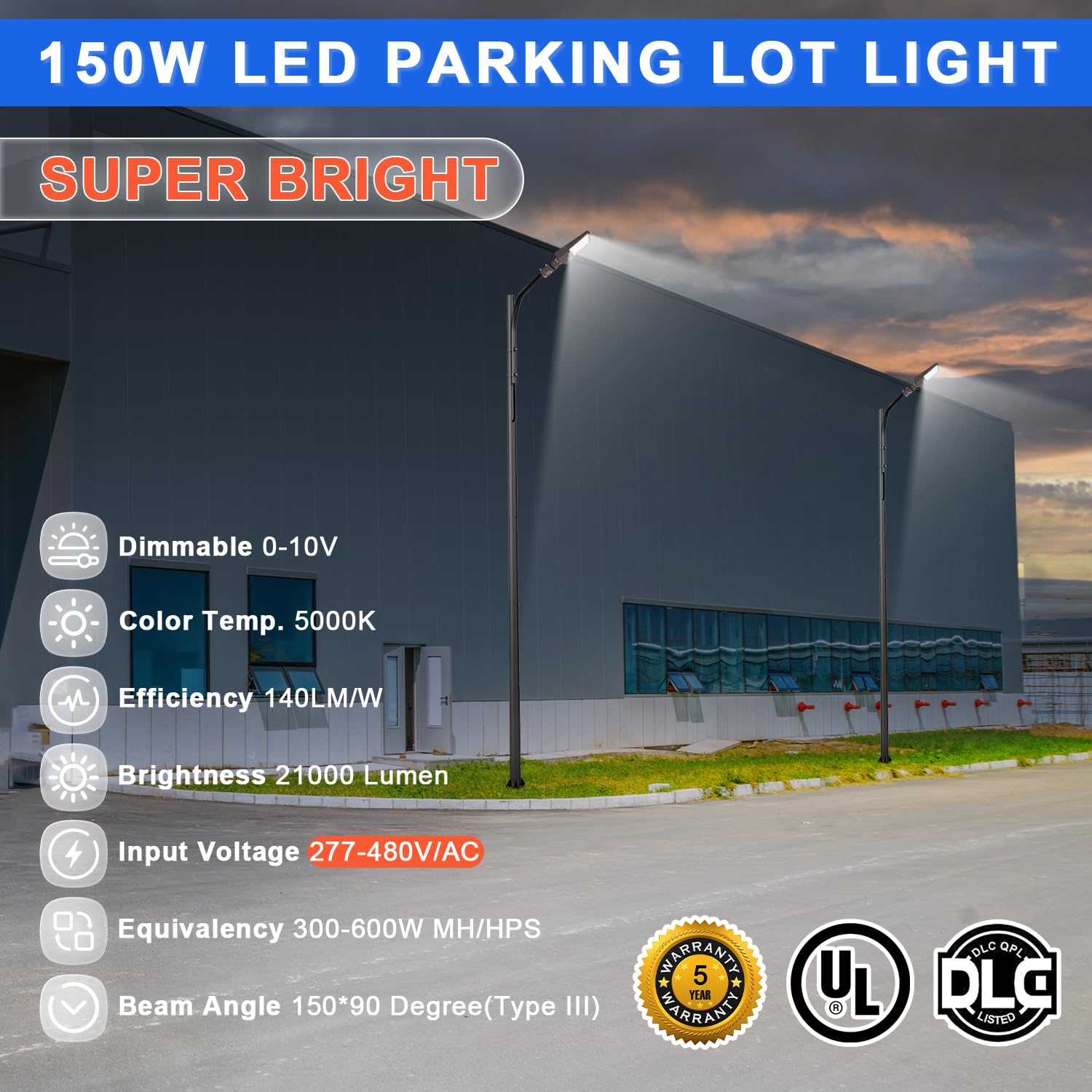 480V 150W LED Parking Lot Light, 21000LM(140lm/w) 5000K LED Shoebox Area Light - Slip Fitter Mount, Dimmable Outdoor Commercial Street Lighting (600W HID/HPS Equivalent) IP65 277-480V UL DLC Listed