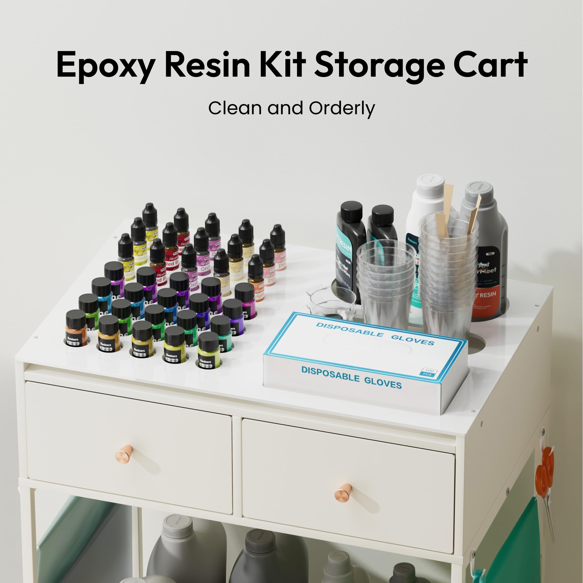 Resiners Epoxy Resin Kit Storage Cart, Mica Powder Storage Table for Organize Resin Supplies Epoxy Resin Pigments Mica Powder Glitter Powder Mixing Cups Molds Accessories