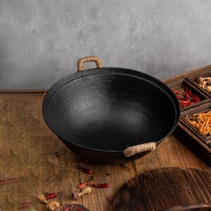 WANGYUANJI Handmade Cast Iron Wok 11.8",Small Round Bottom Wok for 1 Person with Dual Handle,Suitable for Gas Stoves,Uncoated Chinese Traditional wok with Round-bottom Woks