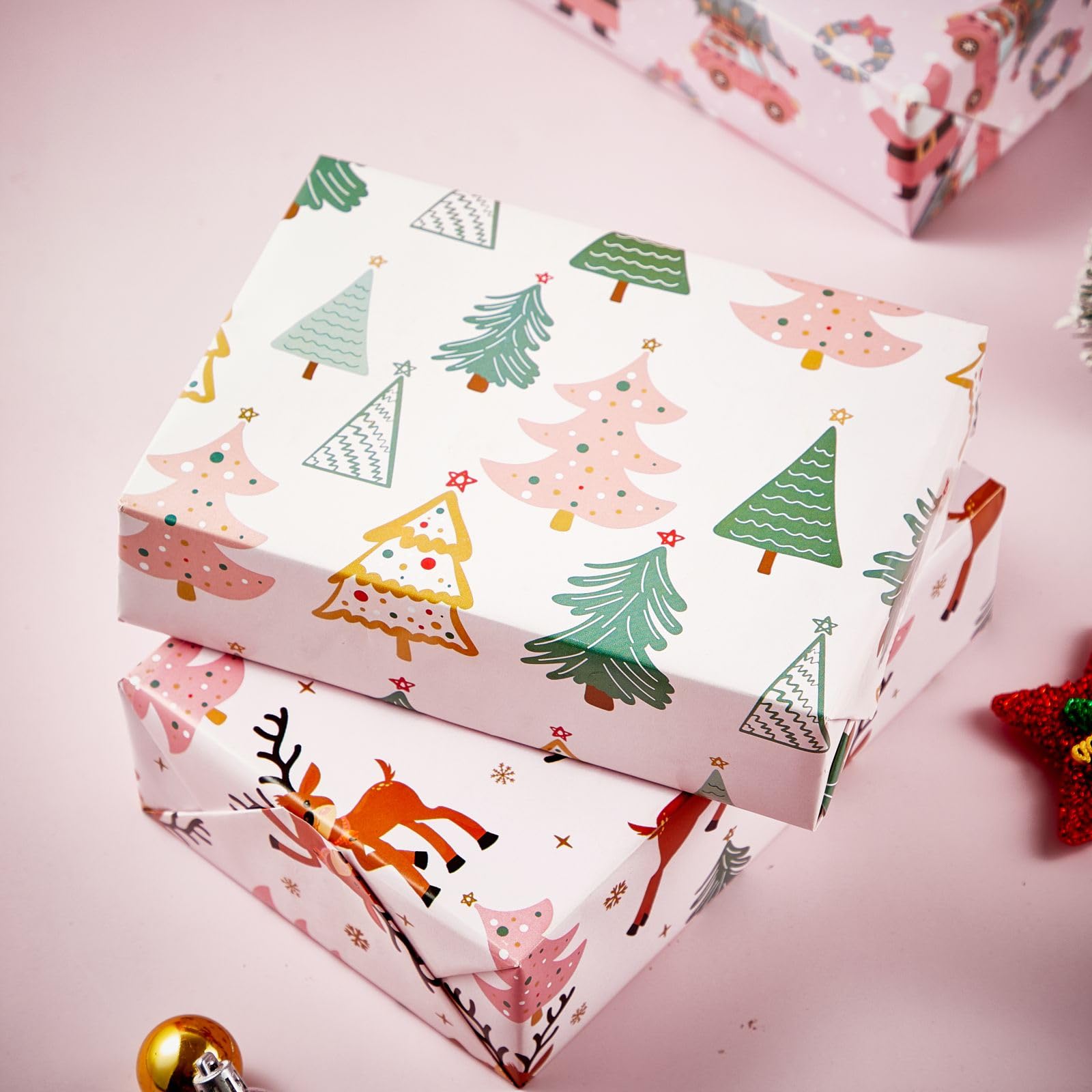 Vnaaem Pink Christmas Wrapping Paper for Boys Girls Kids - Cute Xmas Gift Wrap With Santa Christmas Tree Reindeer Design for Christmas Holiday Party Celebration - 20 X 28Inches Per Sheet(8 Pack)