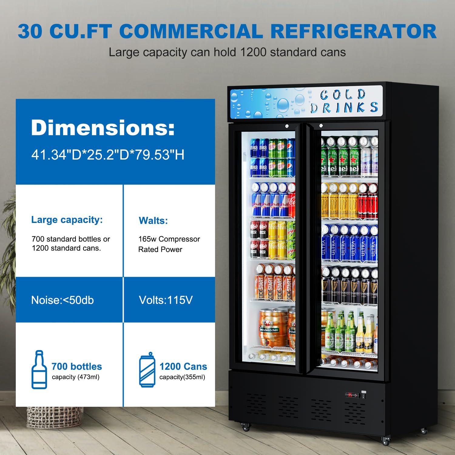 ECEVT 30 Cu.ft. Commercial Beverage Refrigerators Glass Door Refrigerator Upright Display Cooler with Soft LED Light and Adjustable Shelves for Restaurant Grocery Stores Home, Black