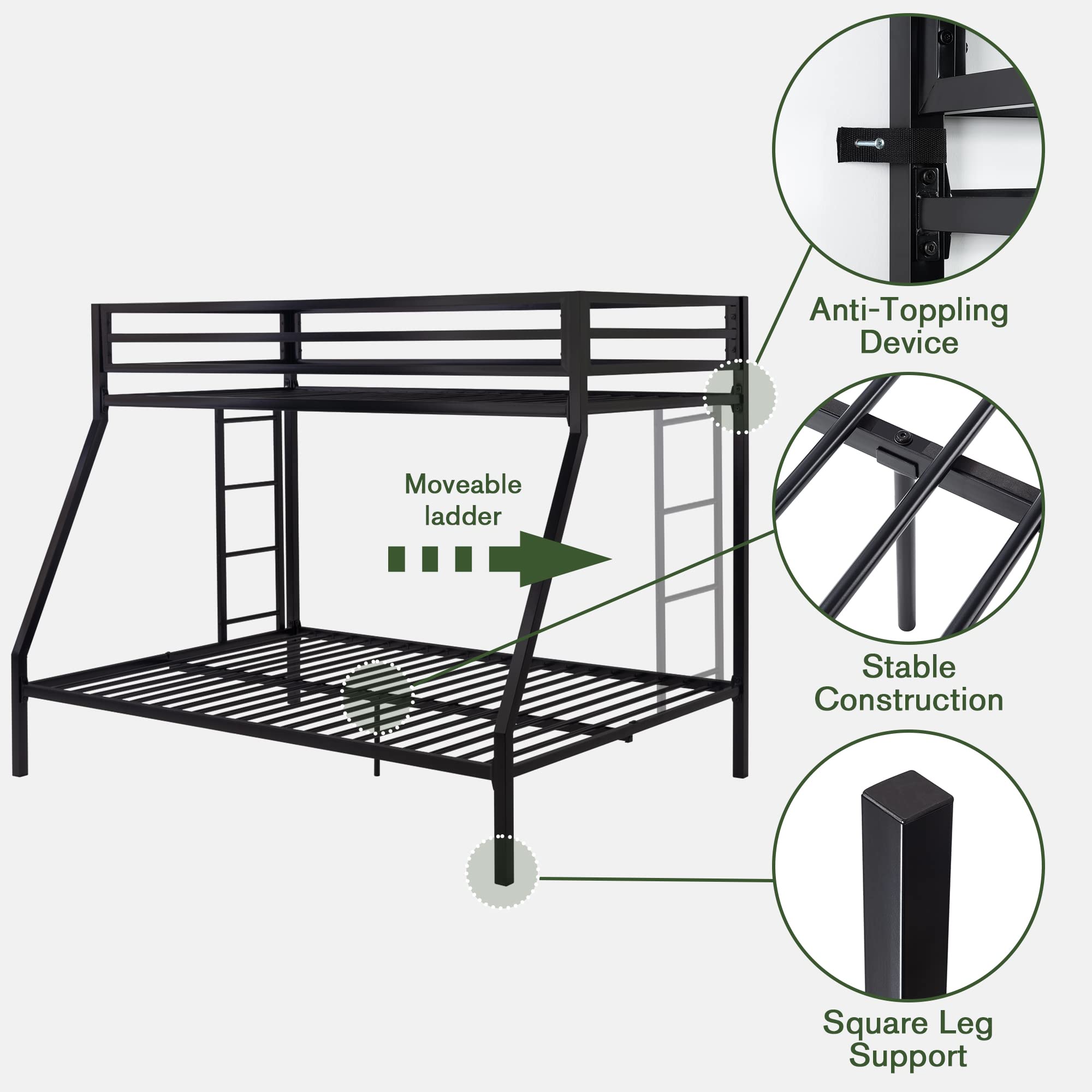 MUTICOR Modern Twin Over Full Metal Loft Bed with Ladder for Junior & Adults, Space-Saving Bunk Bed Frame, Sturdy & Durable, Ideal for Bedrooms, Dorms, and Guest Rooms, Black