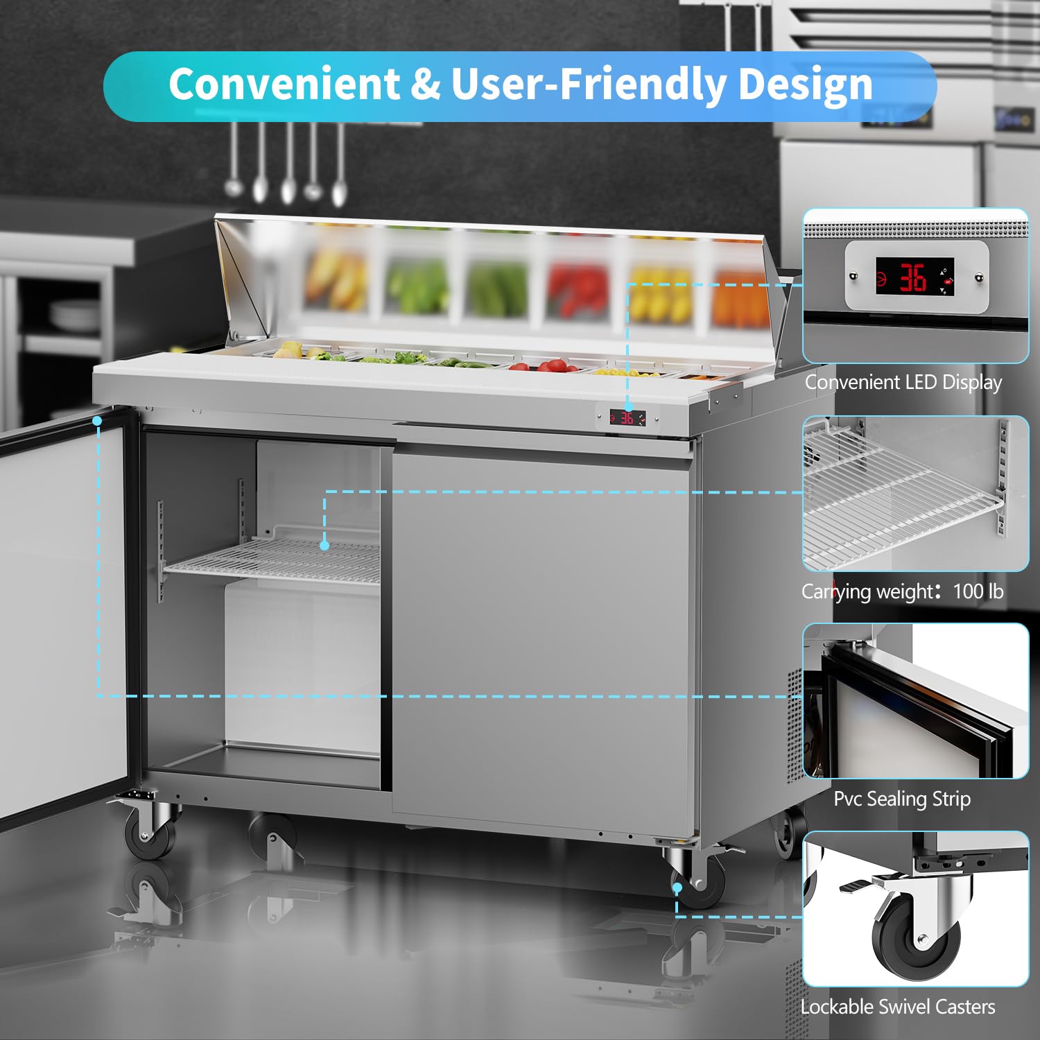 ECEVT 48" W Commercial Refrigerator Sandwich Salad Prep Table Refrigerator Stainless Steel with 12 Pans, Kitchen Equipment for Restaurant, Bar, Shop, Buffet, etc, ETL/NSF/DOE Approved