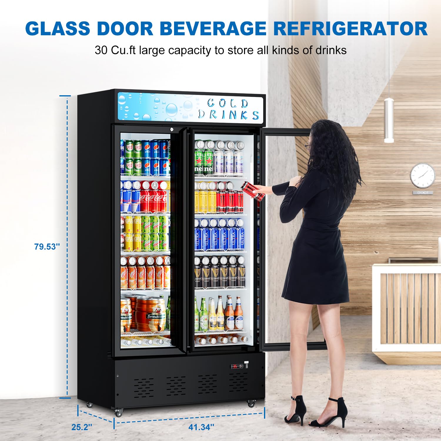 ECEVT 30 Cu.ft. Commercial Beverage Refrigerators Glass Door Refrigerator Upright Display Cooler with Soft LED Light and Adjustable Shelves for Restaurant Grocery Stores Home, Black