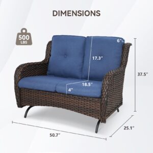 Bellefurn Patio Loveseat Wicker Loveseat Rattan Glider Sofa with Curved Armrest Thicking Back & Seat Cushions for Garden Balcony Backyard Brown Wicker|Blue Cushions (A) Patio Loveseat Glider