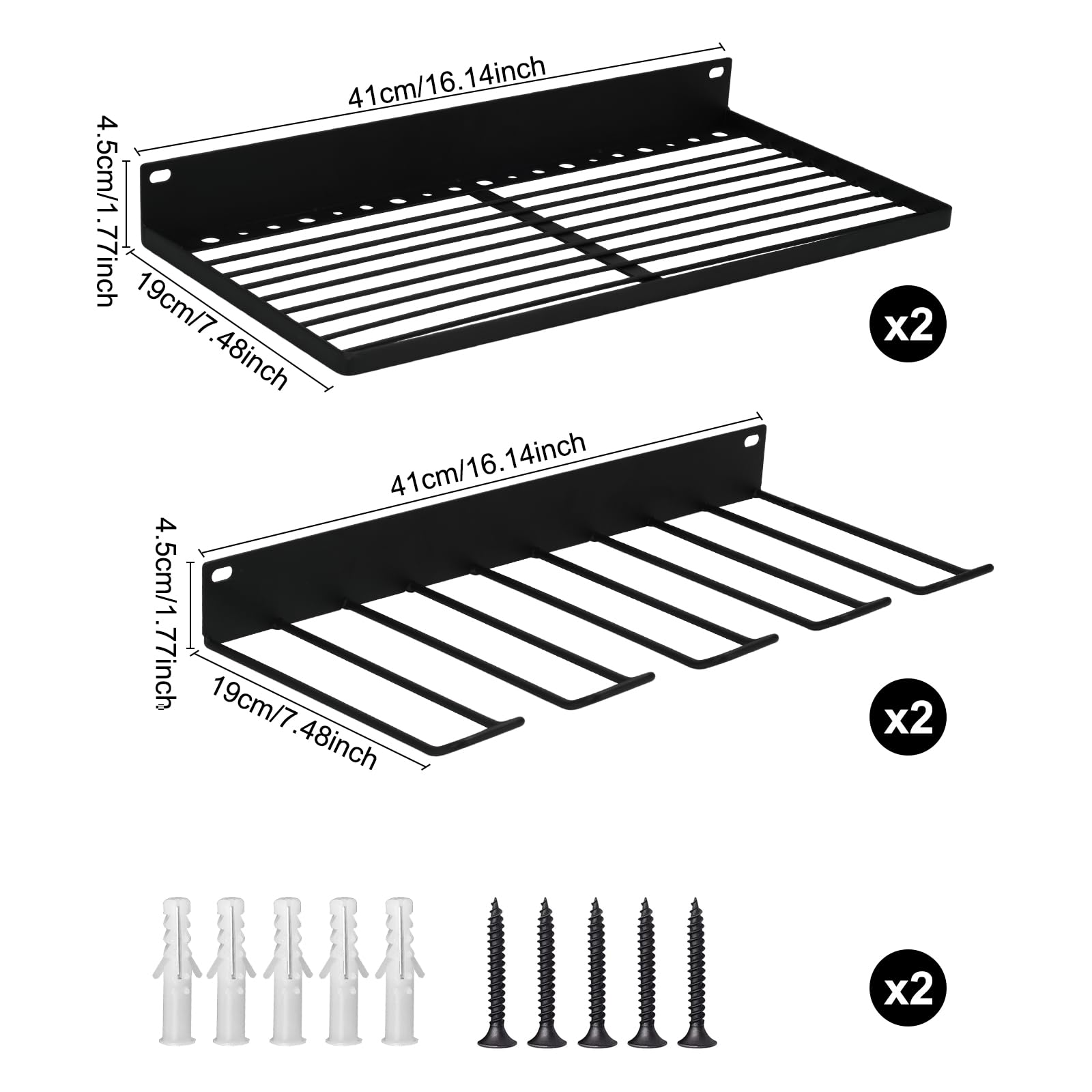 LYHLYA Power Tool Organizer Wall Mount with Charging Station, Drill Holder, 2 Shelves, 2 Tool Rails, Heavy Duty Metal, Black, 2 Pack