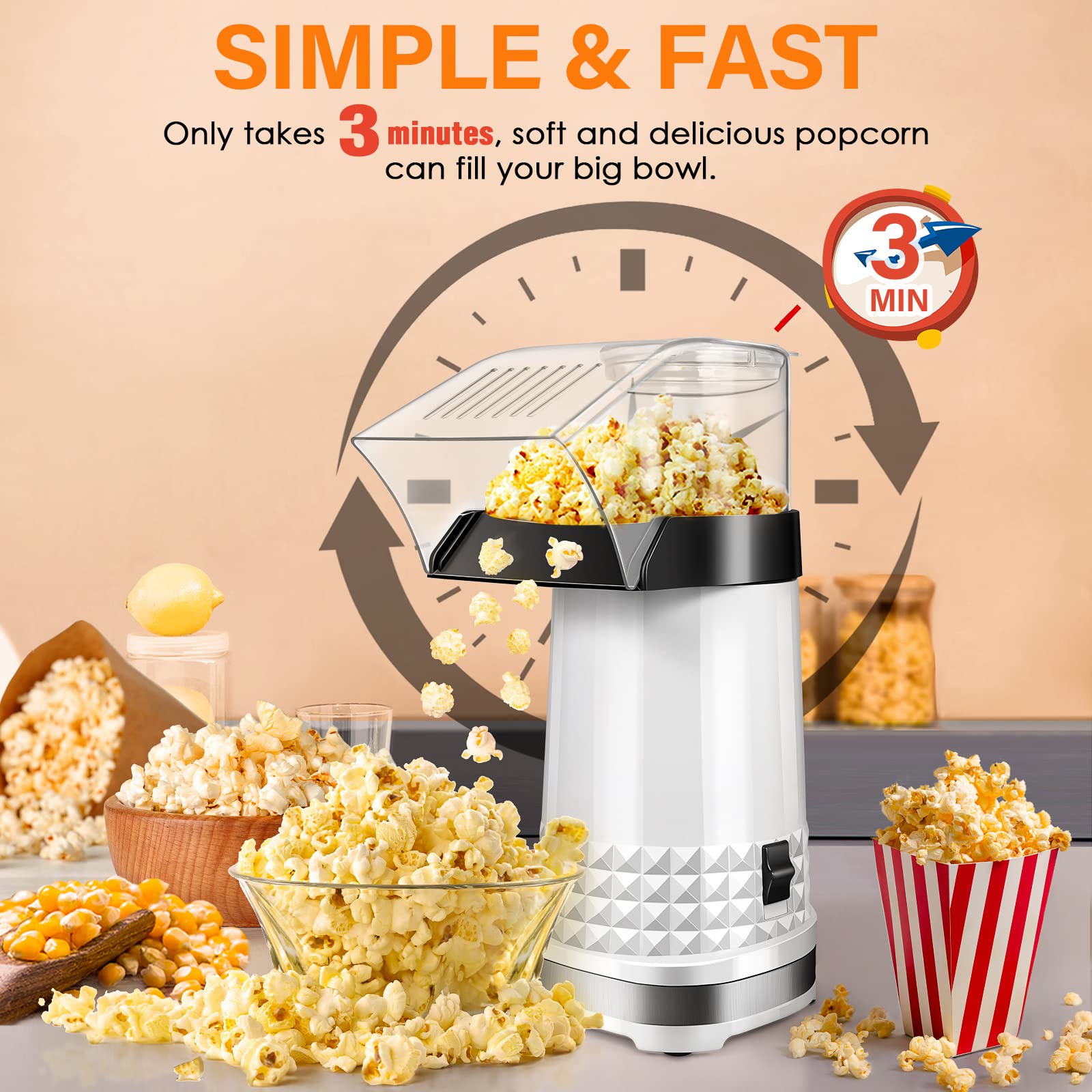 Vminno Quick & Easy Hot Air Popcorn Popper Maker with Measuring Cup + Melts Butter, 4.5 Quarts, Etl Certified, No Oil Electric Popcorn Machine with On/Off Switch for Family Movie Nights (White)