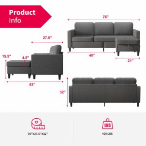 MUZZ 76'' Convertible Sectional Sofa Couch，Modern Linen Fabric Upholstered Couch with Storage Function Ottoman,3-Seat L-Shaped Couches for Living Room, Apartment, Office and Small Space（Dark Grey）