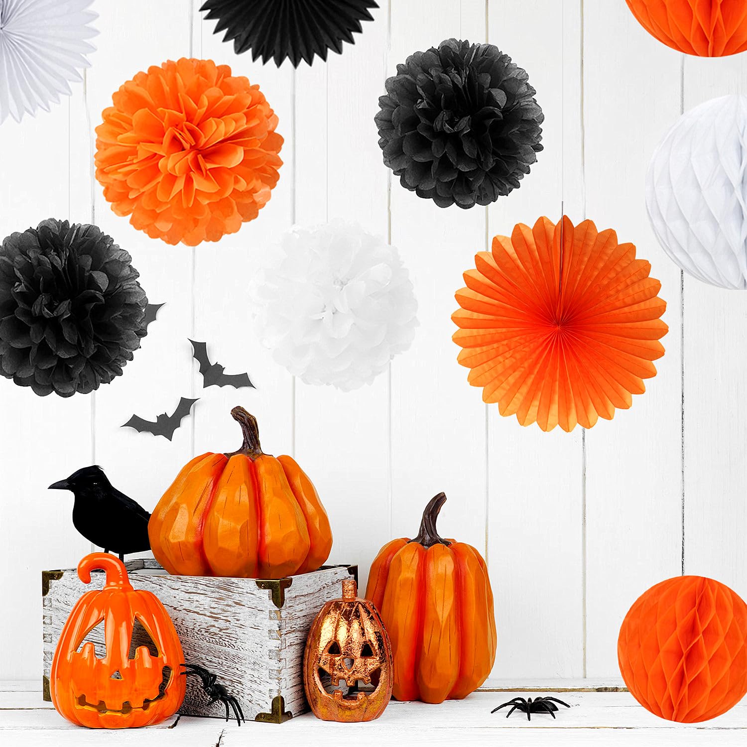 Orange Black Happy-Halloween Party Decorations - 13PCS Spider Web Bats Streamers Banner ,Paper Flowers Lanterns Tissue Pom Poms Fans, Classroom Birthday Bachelorette Hanging Supplies Decor Hugfond