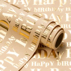 wrapaholic 3d kraft birthday wrapping paper roll - mini roll - 17 inch x 16.5 feet - gold and brown happy birthday lettering design with embossed perfect for holiday, party celebration