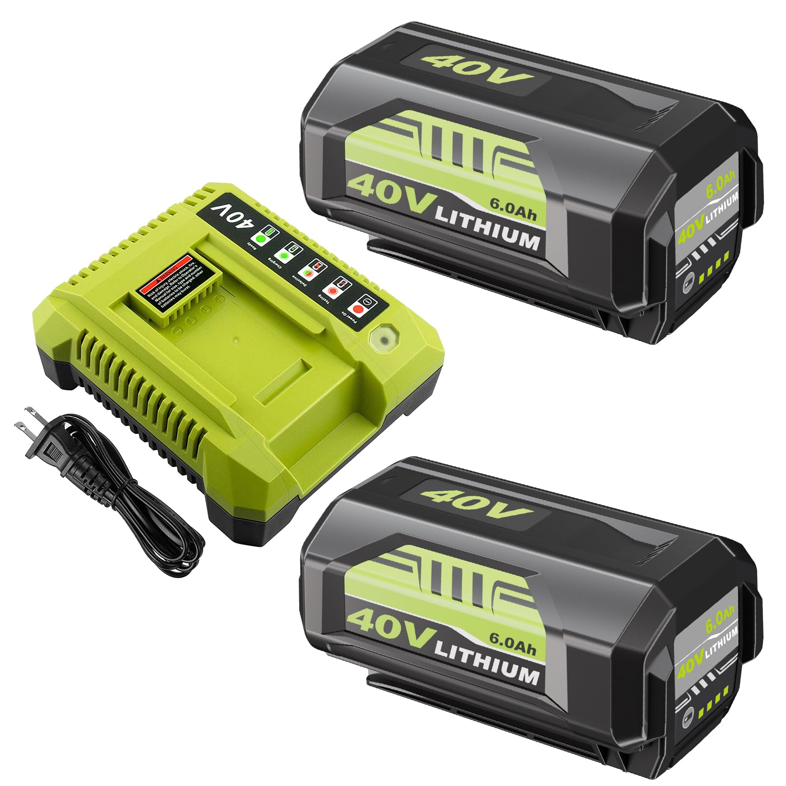 2Pack 6.0Ah Replacement for Ryobi 40V Battery and OP401 Charger Kit Compatible with Ryobi 40 Volt Lithium ion Battery OP4026 OP40261 OP4050 OP4040 OP40401 OP40201 OP40601 and Cordless Power Tools