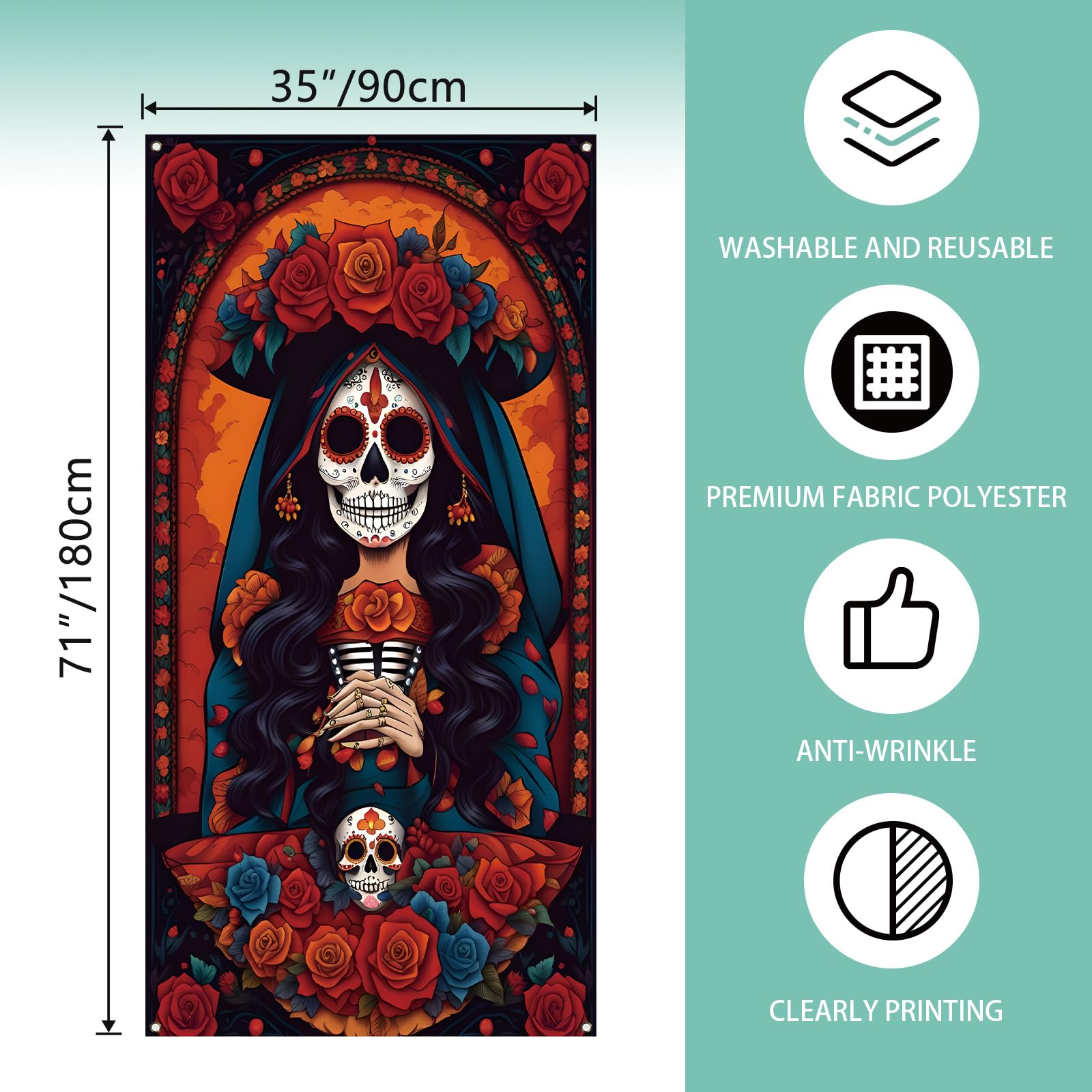 Day of The Dead Door Cover Dia De Los Muertos Backdrop Sugar Skull Rose Altar Mexican Fiesta Party Decorations and Supplies for Home