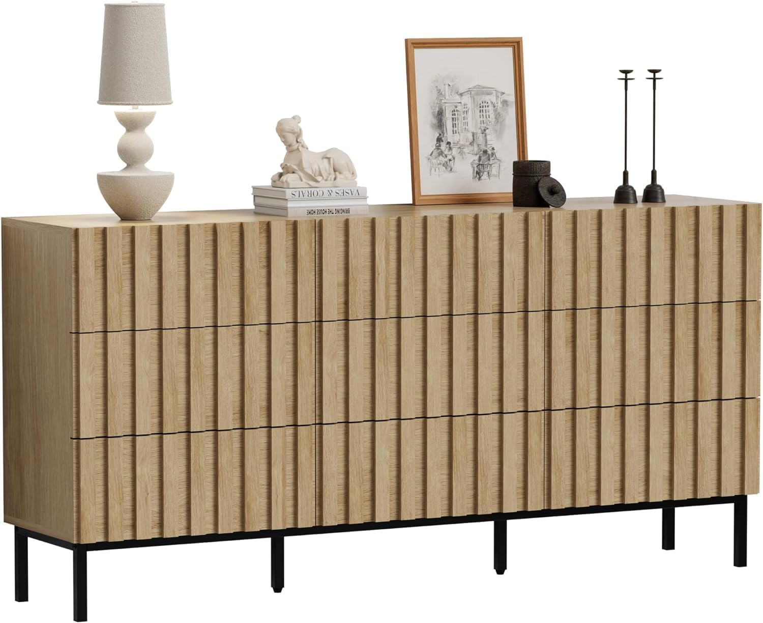 UEV Modern 9 Drawer Dresser for Bedroom,59" Mid Century Modern Dresser,Fluted Dresser Natural Wood Dresser with Panels for Handle,Long Chest of Drawers TV Stand Dresser for Bedroom,Living Room,Hallway