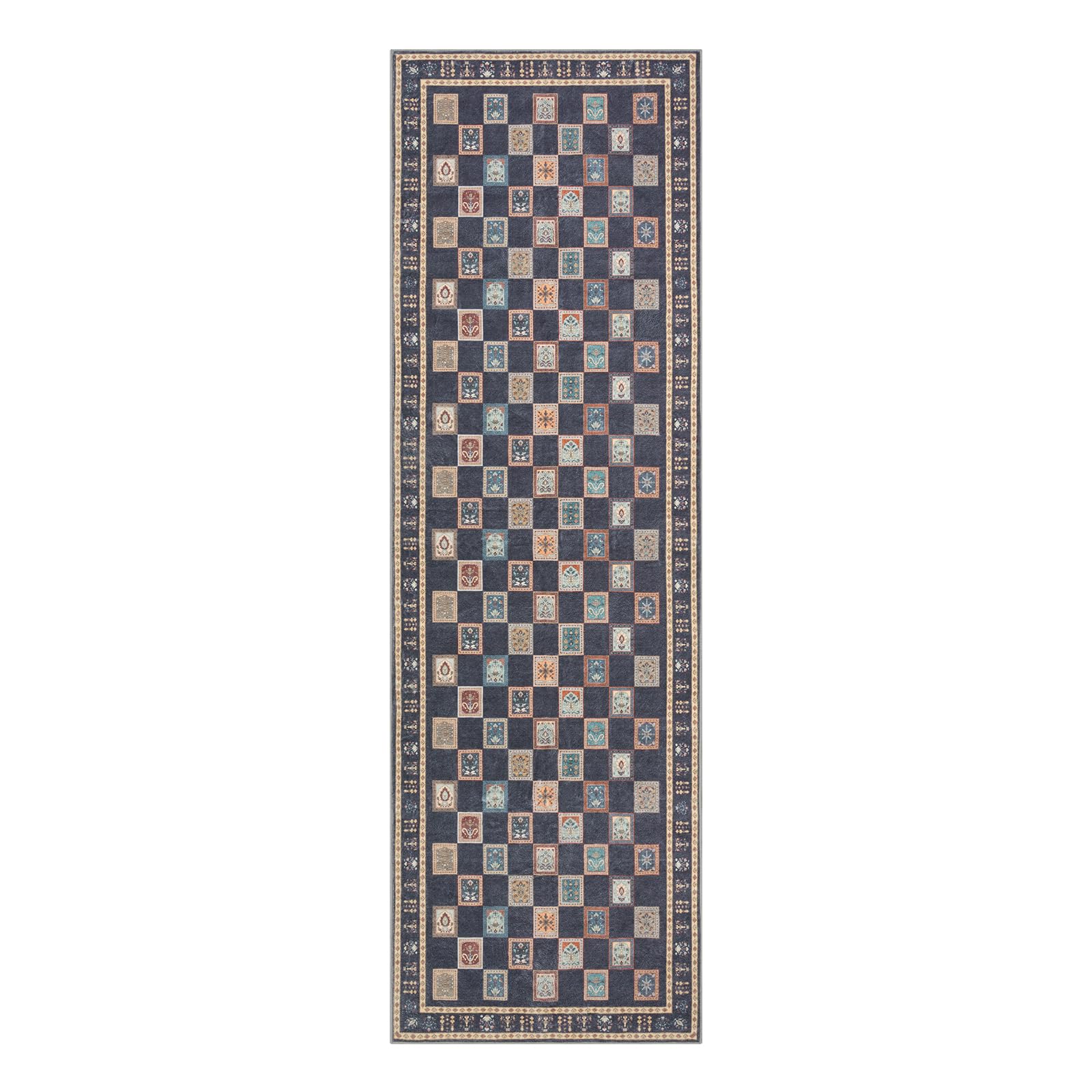 Lahome Checkered Runner Rug, Vintage Hallway Runner Non Slip, Machine Washable Distressed Rug for Kitchen, Retro Runner for Bathroom Laundry Entryway (Purple/Multi, 2.5x8)