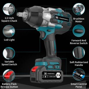 CANBRAKE 2000Nm 1/2" Cordless Impact Wrench, 21V Heavy Duty Impact Gun with 2 x 4.0Ah Battery & 5 Sockets, 1500ft-lbs Brushless Electric Pistola Llave de Impacto 3 Variable Speeds for Truck Mower Car