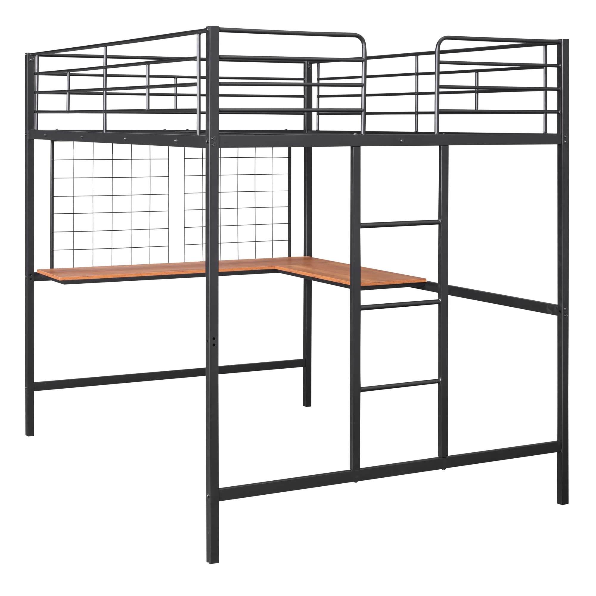 Black Full Loft Bed with Desk & Metal Grid, Metal Loft Bed Full Size with Safety Guardrails and Ladders, High Loft Bed Frame for Teens, Adults, No Box Spring Needed