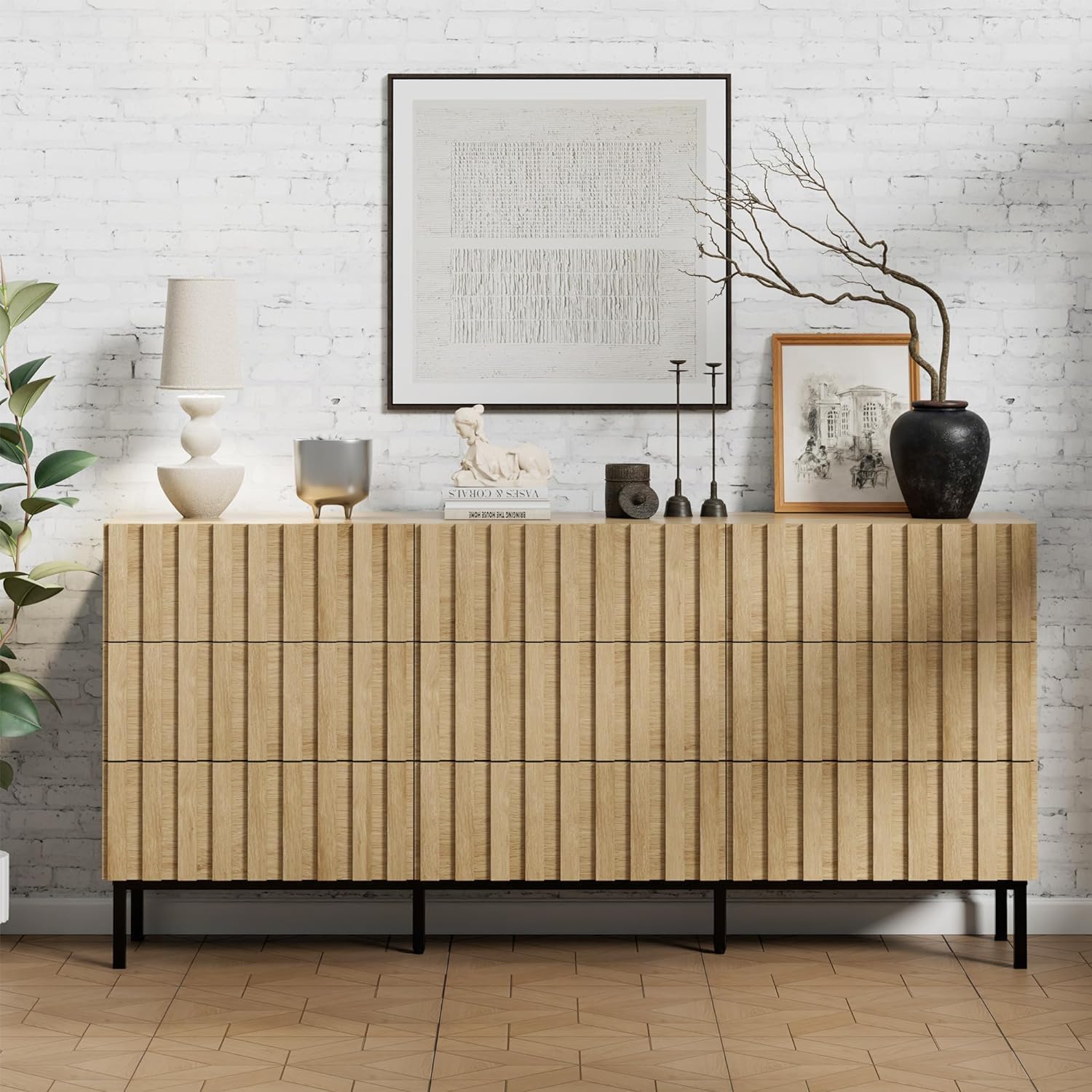 UEV Modern 9 Drawer Dresser for Bedroom,59" Mid Century Modern Dresser,Fluted Dresser Natural Wood Dresser with Panels for Handle,Long Chest of Drawers TV Stand Dresser for Bedroom,Living Room,Hallway