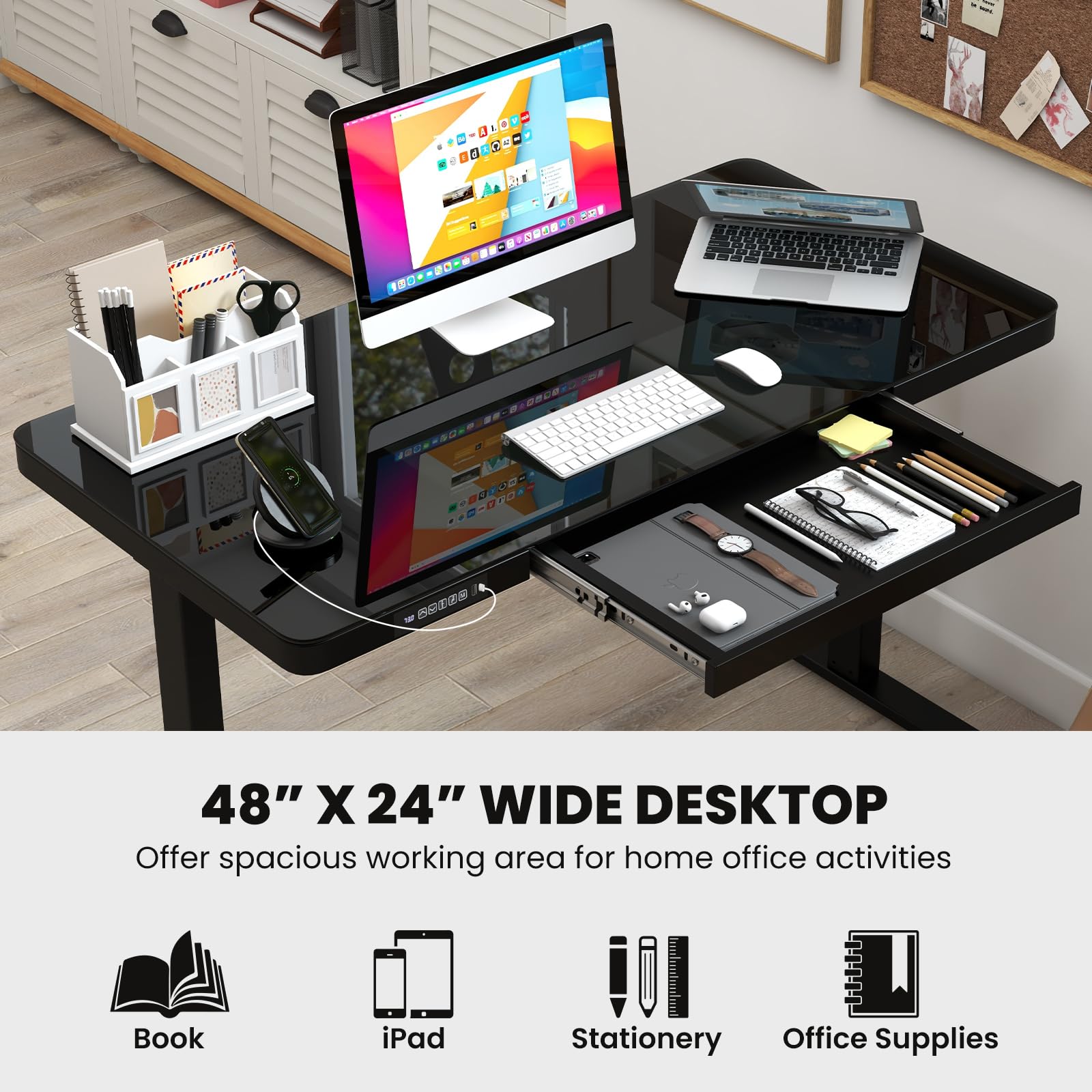 Giantex Glass Standing Desk with Drawer, 48" x 24" Height Adjustable Electric Stand Up Desk with Tempered Glass Top, 2 Memory Positions & USB Type-C Outlets, Sit Stand Desk for Home Office, Black