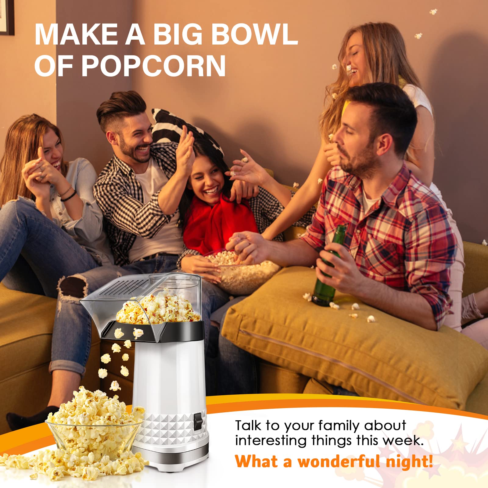 Vminno Quick & Easy Hot Air Popcorn Popper Maker with Measuring Cup + Melts Butter, 4.5 Quarts, Etl Certified, No Oil Electric Popcorn Machine with On/Off Switch for Family Movie Nights (White)