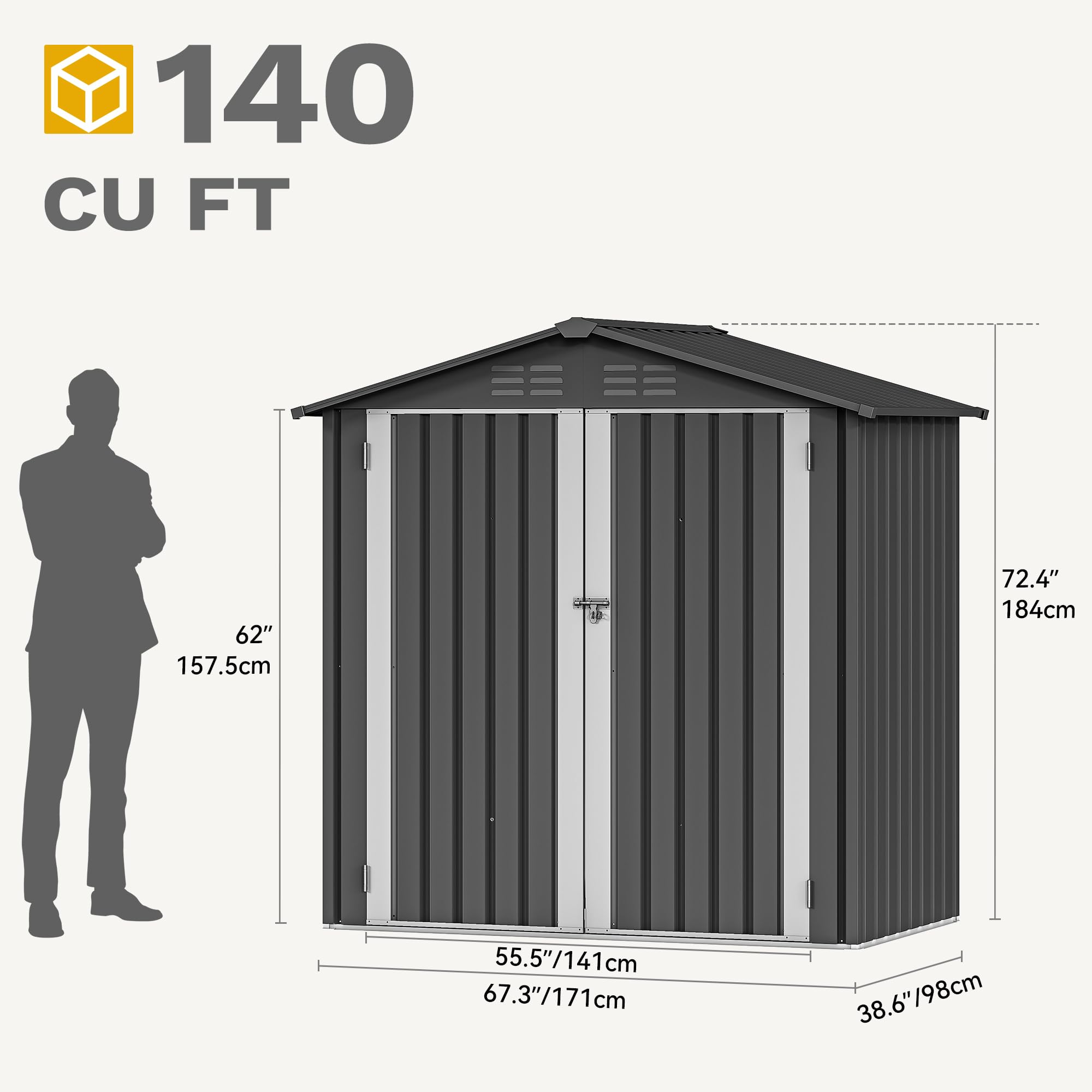 DWVO 5.6x3.2ft Metal Outdoor Storage Shed, Waterproof Tool Shed Heavy-Duty Storage Unit with Lockable Door and Vents, Ideal for Bicycles, Tools, Lawnmowers, Backyards, Patios, Lawns - Dark Gray