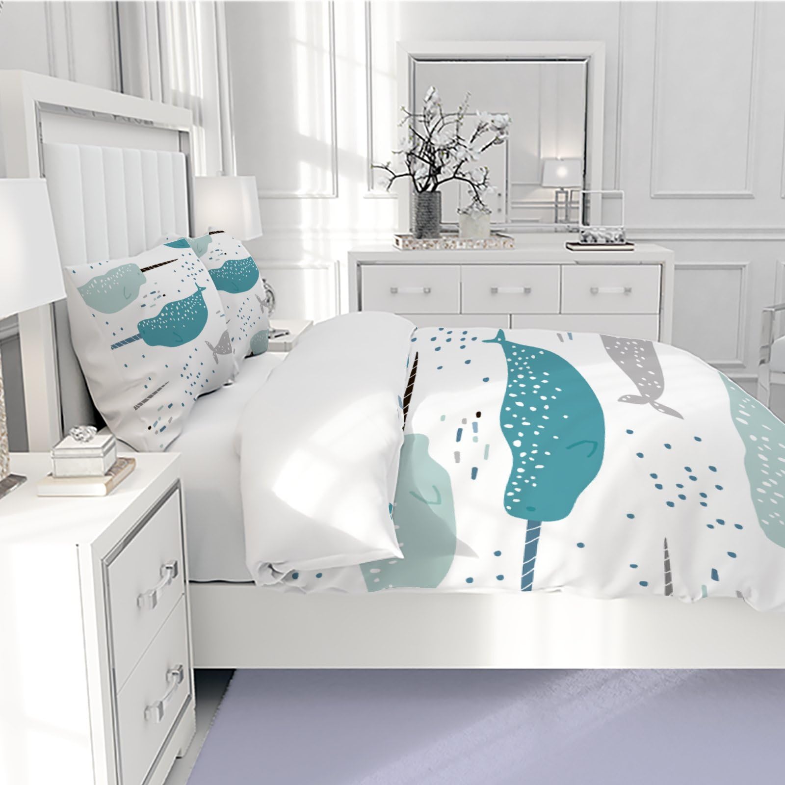 Duvet Cover Bedding Sets Twin Size - Marine Narwhals Duvet Cover Sets Soft Comforter Cover with 1 Duvet Cover and 2 Pillow Shams, Gifts for Girls Boys Teen (Without Comforter)