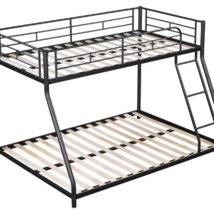 UOCFYK Twin Over Full Size Bunk Bed with Wood Slats & Ladder for Dorm, Bedroom, Apartment, Sturdy Bedframe w/Guardrail, Easy to Assemble, No Box Spring Needed, Black