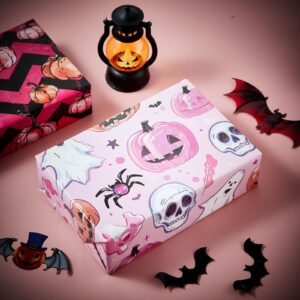 Vnaaem Pink Halloween Wrapping Paper with Ghost Pumpkin Skeleton Patterns Folded Flat Art Paper for DIY Crafts Trick or Treat Birthday Party - 20 X 28Inches Per Sheet(8 Pack)