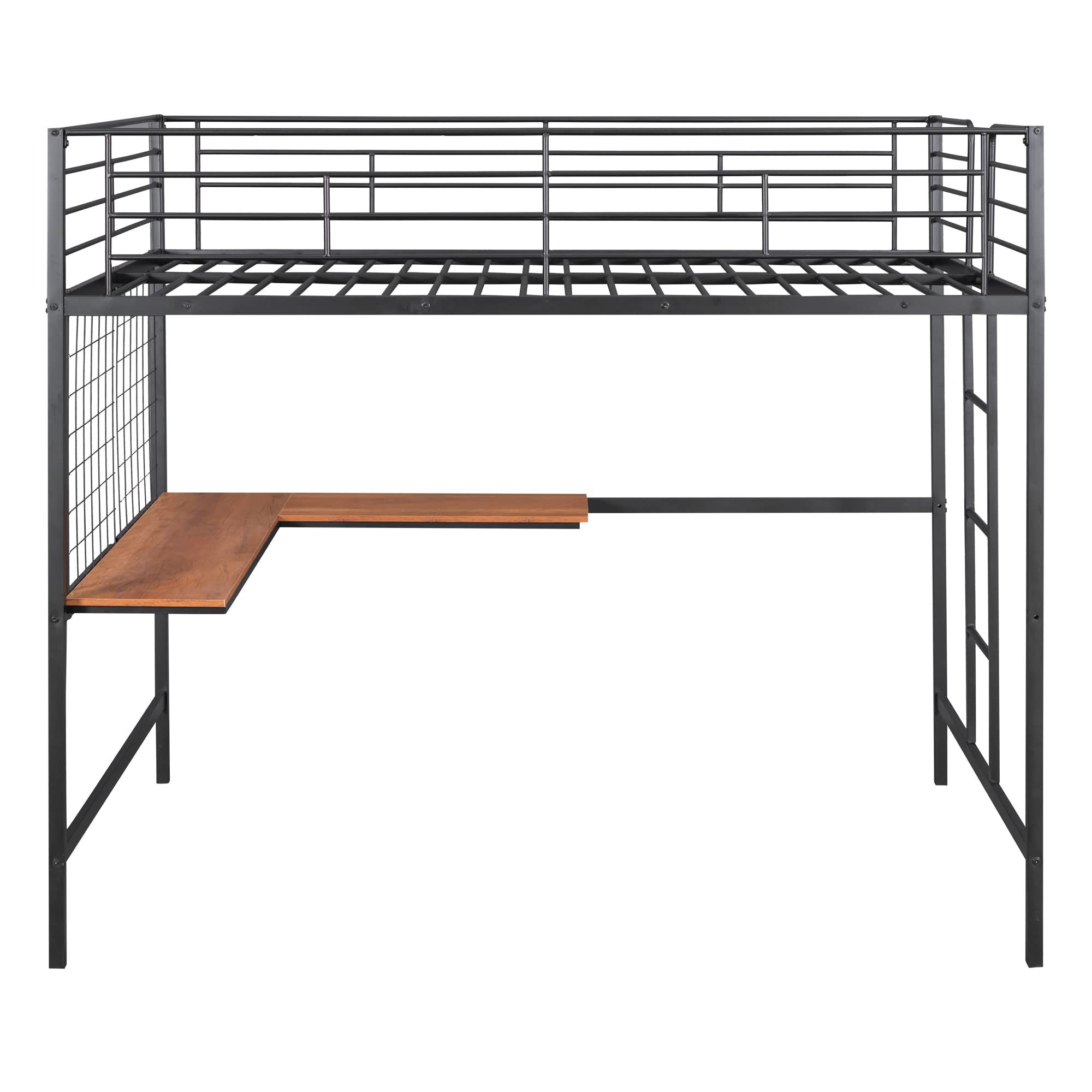 Black Full Loft Bed with Desk & Metal Grid, Metal Loft Bed Full Size with Safety Guardrails and Ladders, High Loft Bed Frame for Teens, Adults, No Box Spring Needed