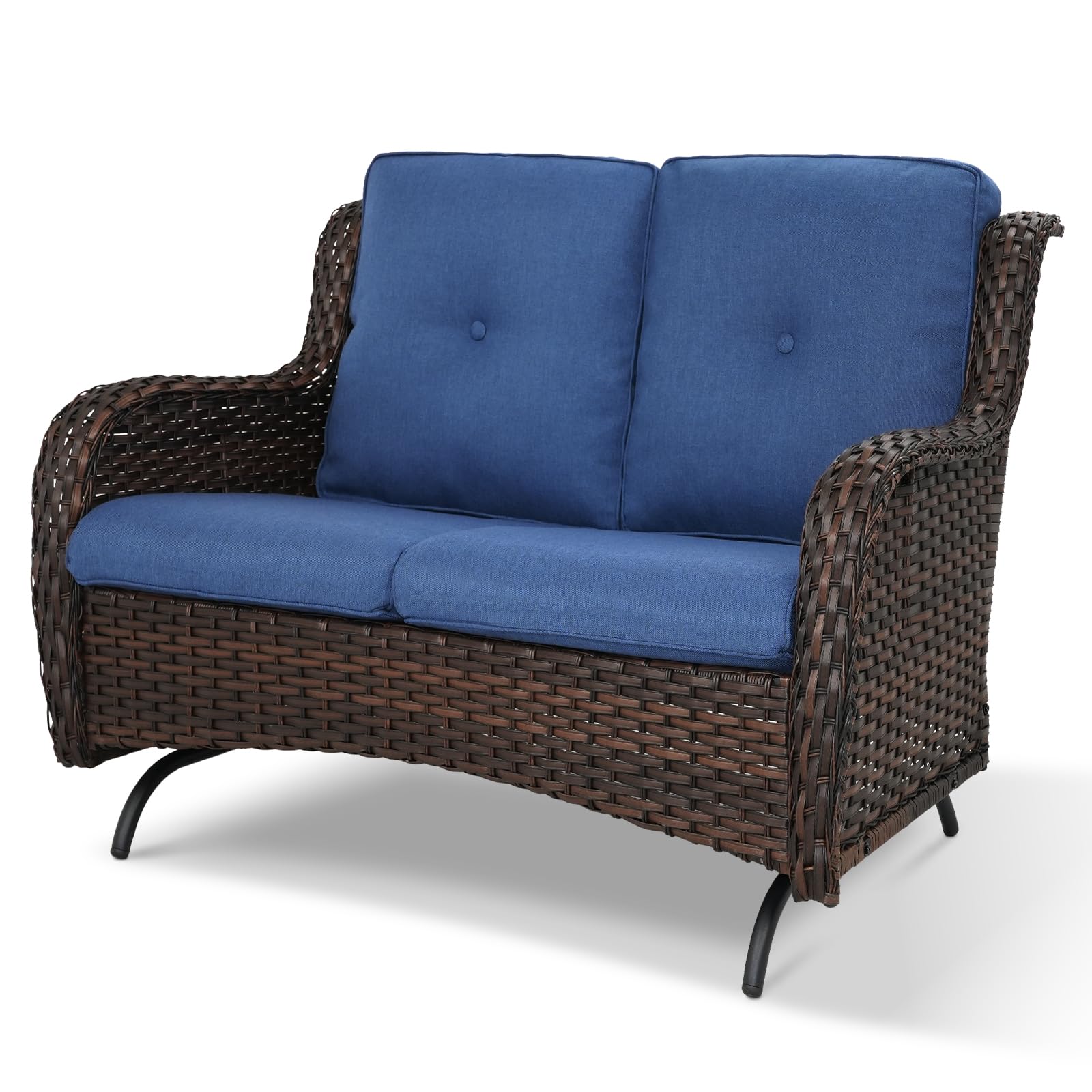 Bellefurn Patio Loveseat Wicker Loveseat Rattan Glider Sofa with Curved Armrest Thicking Back & Seat Cushions for Garden Balcony Backyard Brown Wicker|Blue Cushions (A) Patio Loveseat Glider