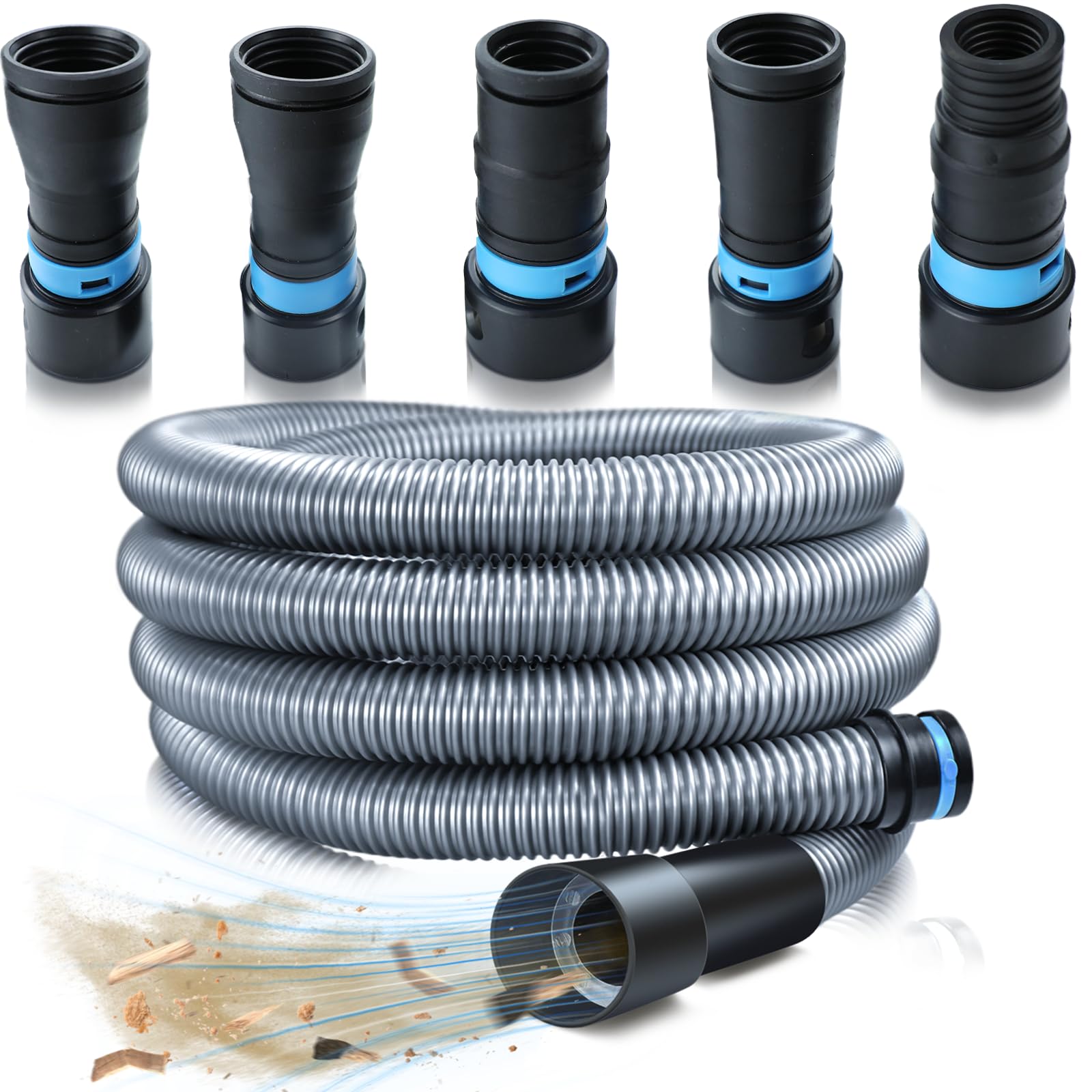 1 1/4 Inch x 12 Feet Dust Collection Hose Kit for Home and Shop Vacuums System with 5 Adapters of Woodworking Power Tool and Sander, Compatible with Multi-Brands, Silver Gray Vacuum Hose