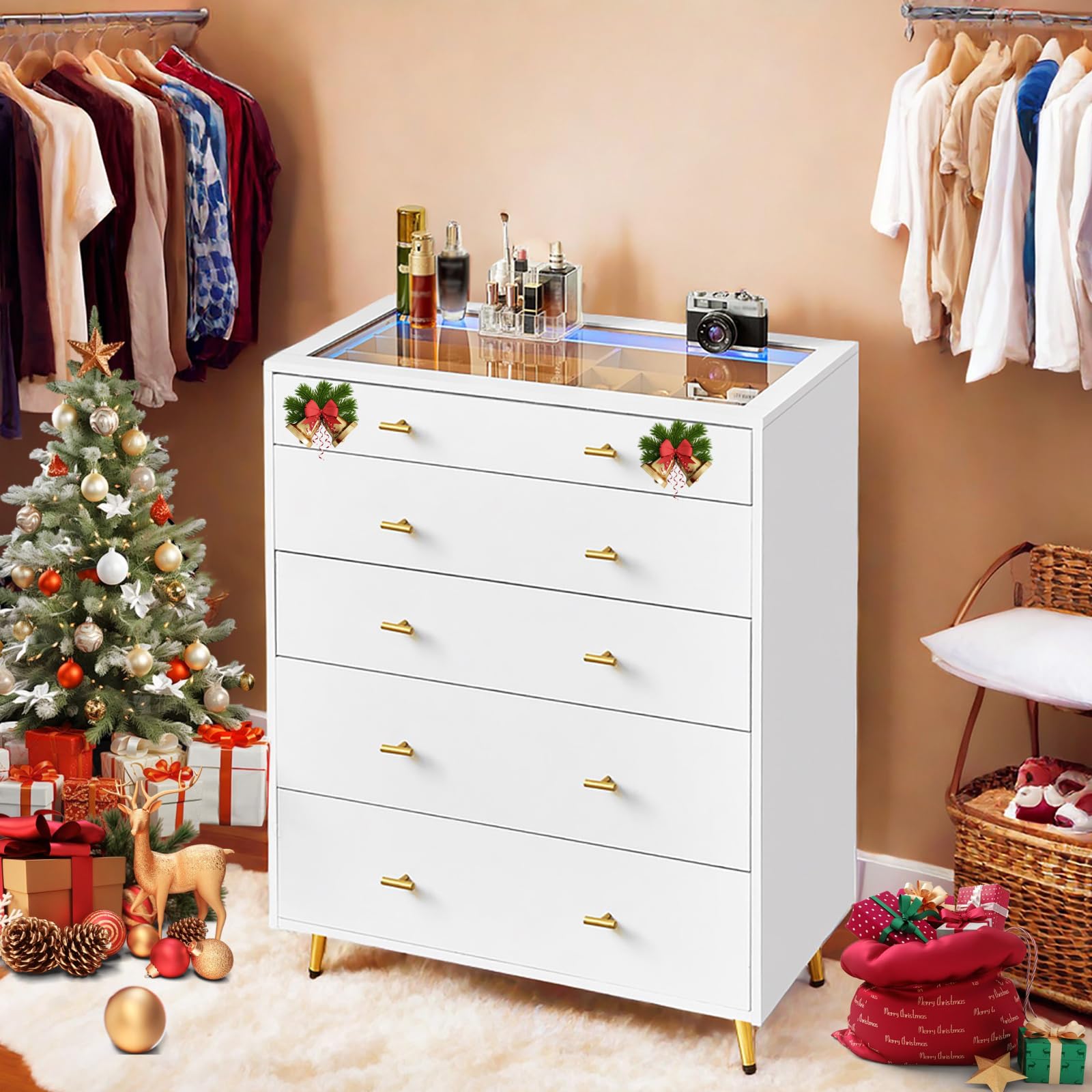 JanflyHome 5 Drawer Dresser for Bedroom Tall, Glass Dresser with 20 Colors LED Lights, Wardrobe Closet Island as Jewelry Organize, Jewelry Dresser Display, White