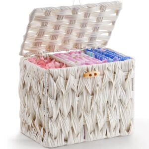 vitviti tampon holder for bathroom with lid, plastic wicker feminine product organizer farmhouse style, white tampon basket storage for women girl stuff swab bathroom decor