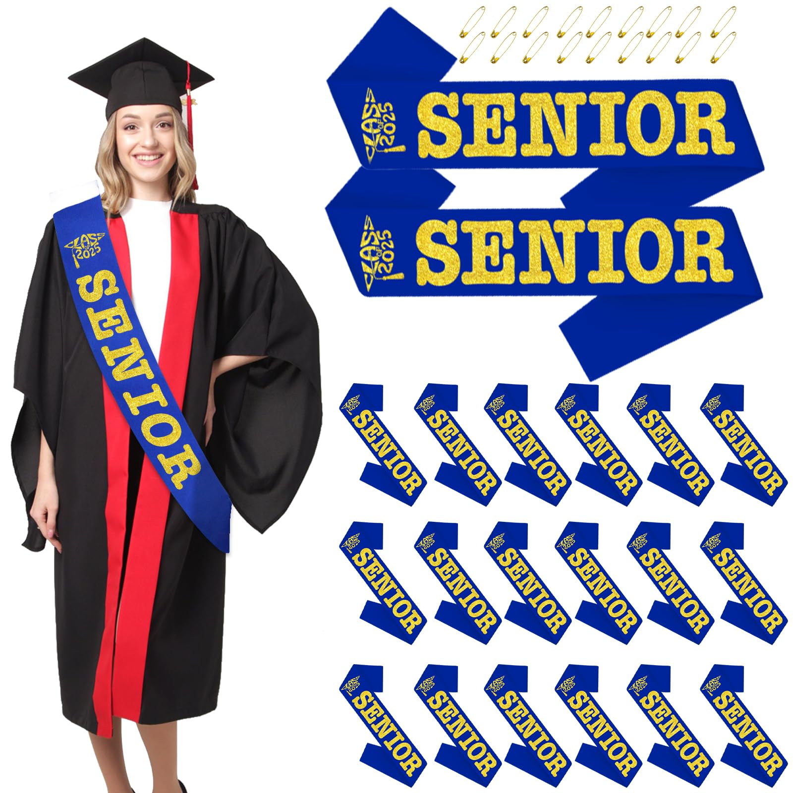 SKJIAYEE 18 Pack Class of 2025 Senior Sashes, Royal Blue Satin Finally Graduated Sash with Gold Printing Letters Cheerleader Senior Sash for Class of 2025 Graduation Party Celebrations Supplies