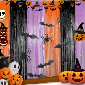 halloween party decorations, 2 pack orange purple black tinsel foil fringe curtains, 3.3 x 6.6 ft halloween photo booth props,36 pcs pvc bat spider stickers decals for halloween backdrop